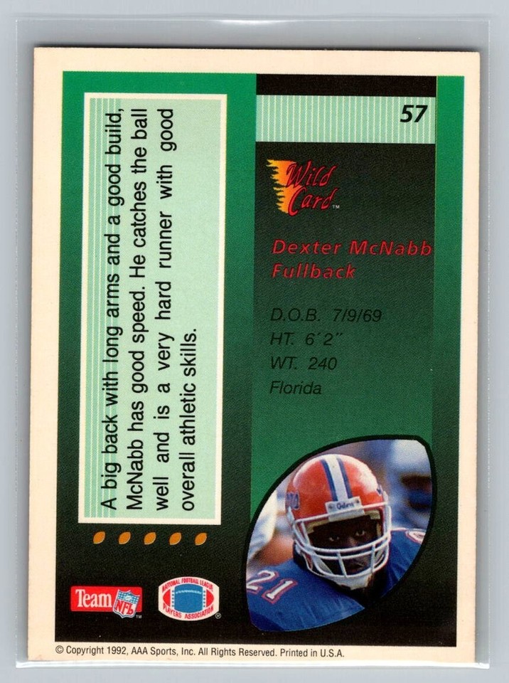 1992 NFL Wild Card Dexter McNabb #57 Rookie Green Bay Packers WC-FBC#2 ...
