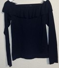 Loft Navy Blue Sweater Medium Cotton Off Shoulder Ruffle Round Neck ...