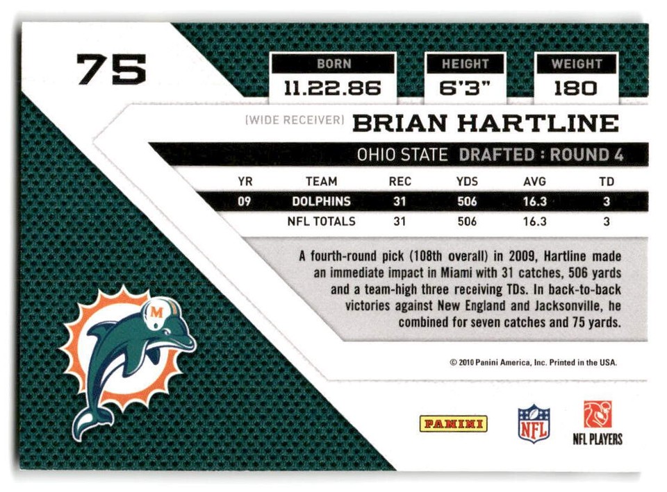 Brian Hartline 2010 Panini Threads #75 Miami Dolphins FOOTBALL | eBay