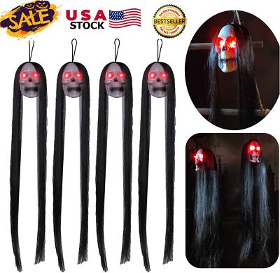4× Halloween Glowing Hanging Skull With Long Hair LED Red Eyes Skeleton ...