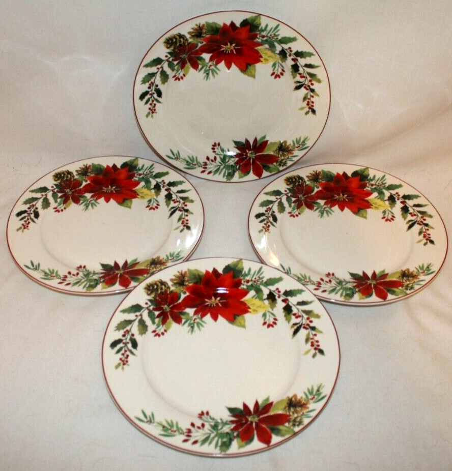 Grace Teaware Christmas Poinsettia Holly Holiday Salad Plates 8" Set of ...