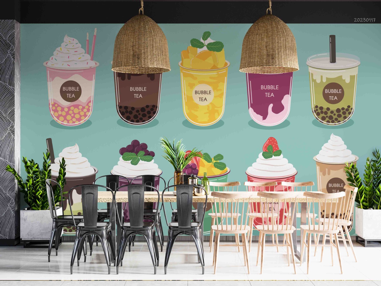 3D Bubble Milk Tea Shop Green Self-adhesive Removable Wallpaper Murals ...