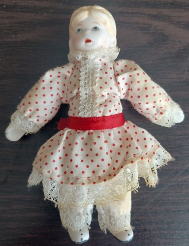 Vintage 5” Porcelain Russ Berrie Miniature Girl Doll w/Red Polka Dot ...