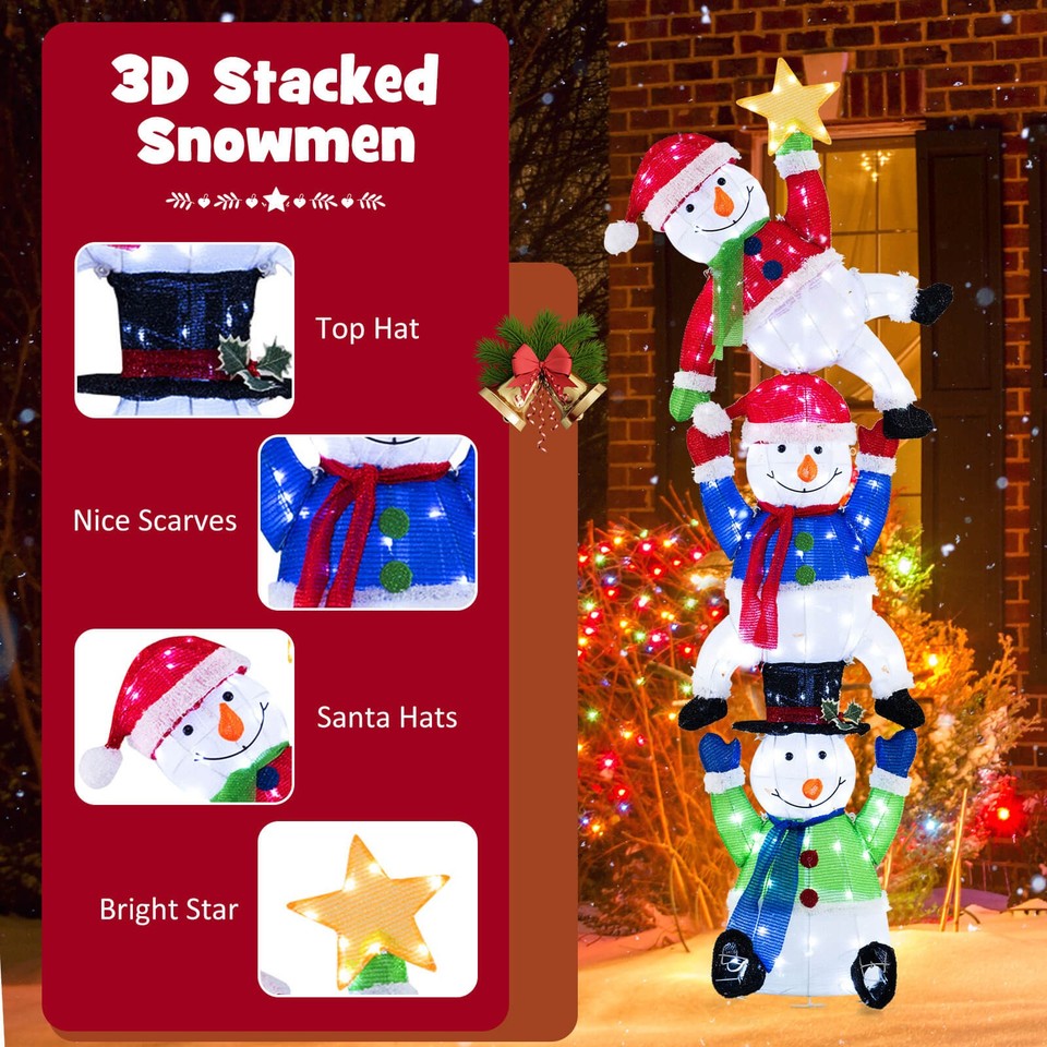 6 ft 3D Pre-Lit Christmas Stacked Snowman / 155 LED Lights Zip Ties ...