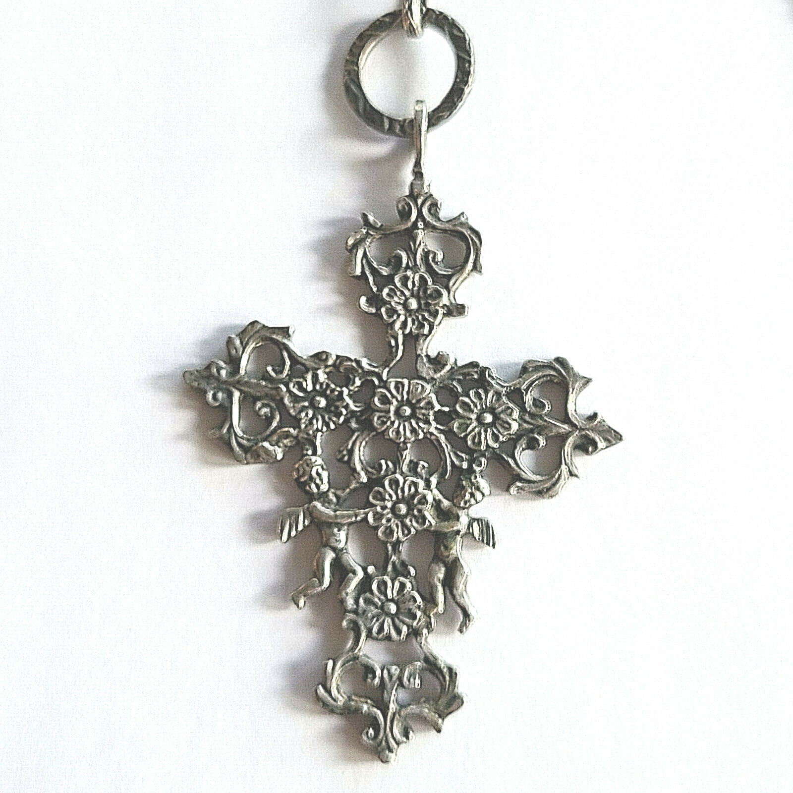 Antique Peruzzi Sterling Silver Cross Floral w/Winged… - Gem