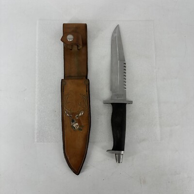 Vintage Gerber BMF Survival Knife Serrated Saw Teeth w/ Deer Leather ...