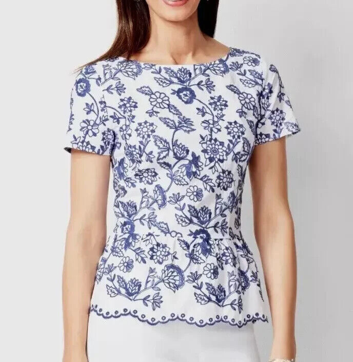TALBOTS Blouse 2 Petite EMBROIDERED PEPLUM Floral Cotton Blue White NWT ...