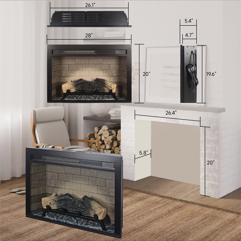 28in Electric Fireplace Insert Heater w/3-Side Brick Wall ...