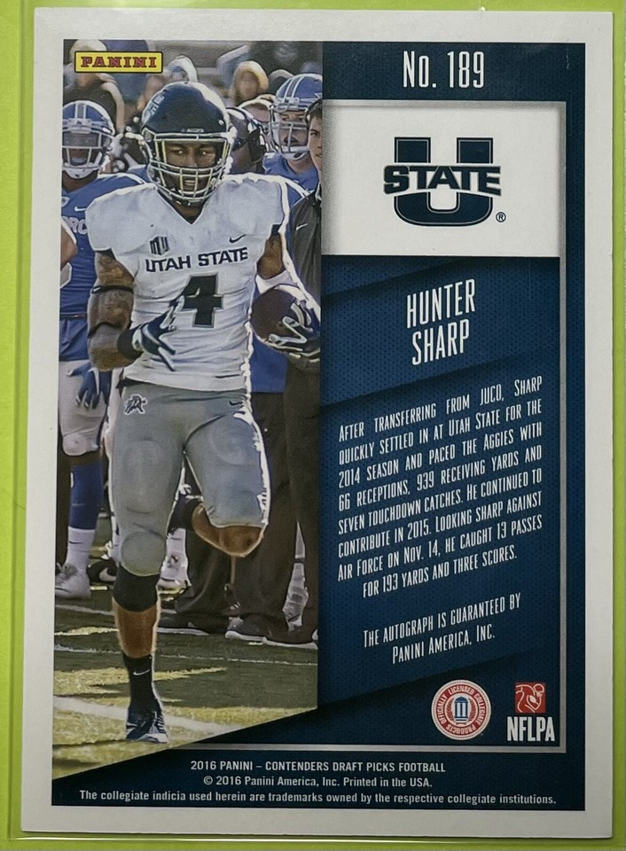 2016 Hunter Sharp Contenders Draft Picks College Ticket Auto RC #189 ...