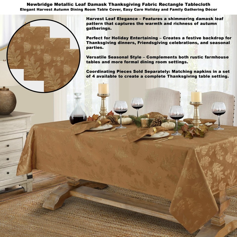 Bronze Gold Metallic Leaf Damask Fabric Winter Holiday Tablecloth, 60 x ...