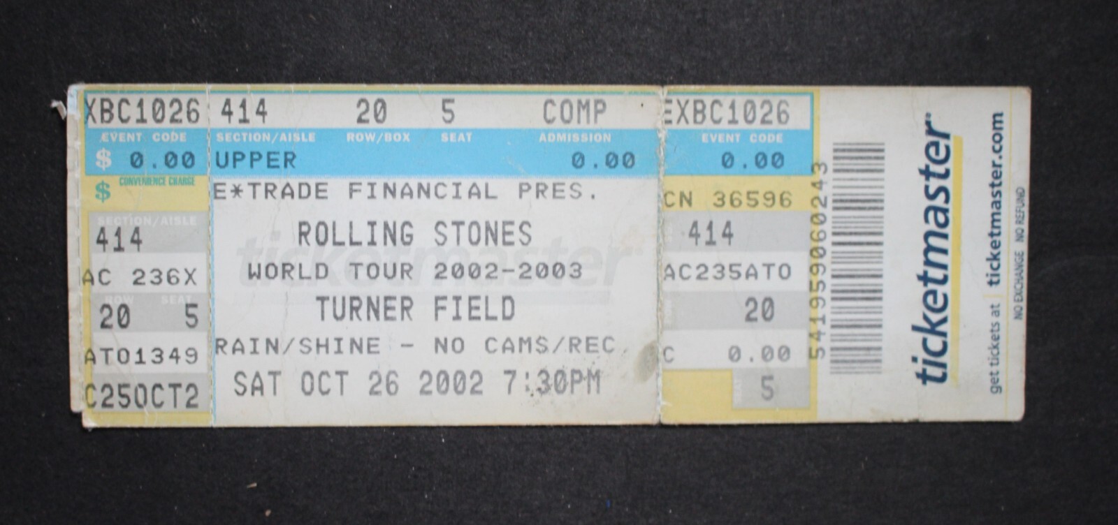 ROLLING STONES Ticket Stub - Oct 26, 2002 - Turner Field - Atlanta, GA ...