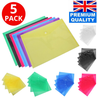 5 x A4 Plastic Wallets Stud Document Wallet Files Folders Filing School ...
