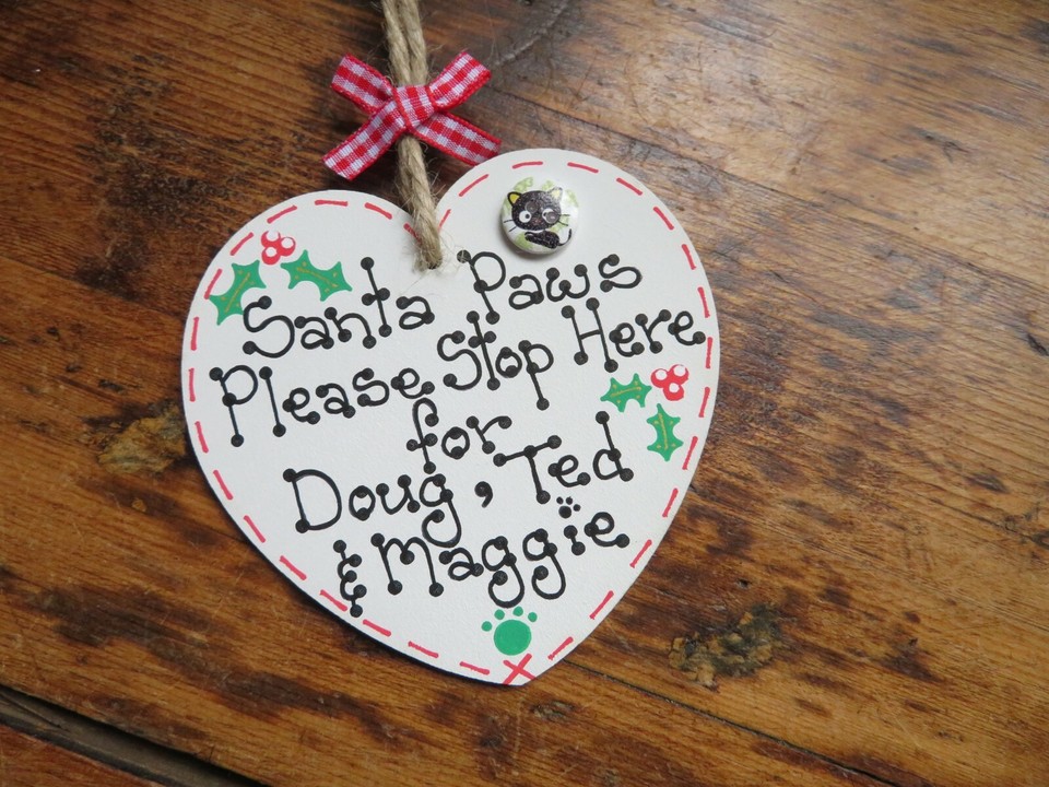 Personalised Pet Christmas Santa Paws Cat Dog Heart Tree Decoration ...