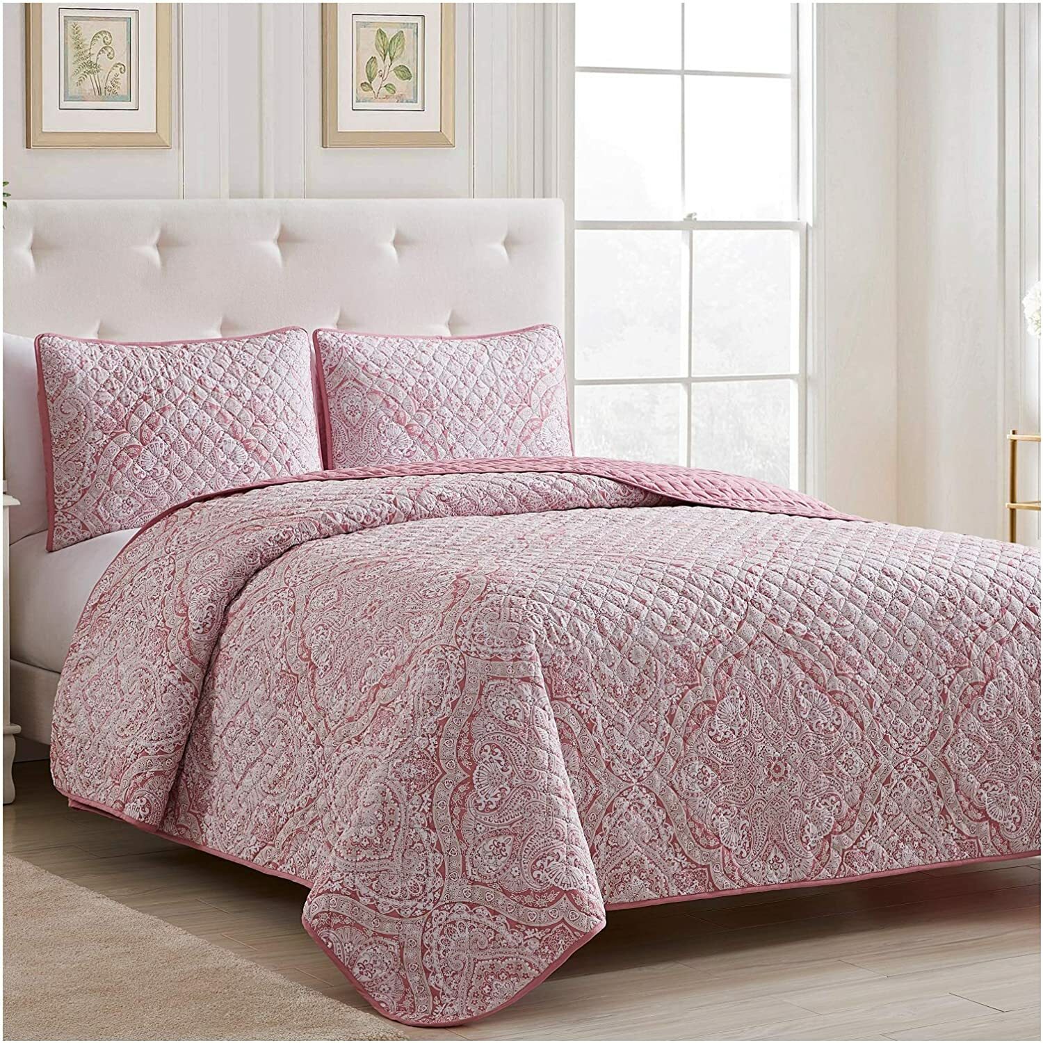 Coral Pink Medallion 3 pc Quilt Coverlet Set Twin XL Full Queen Cal ...