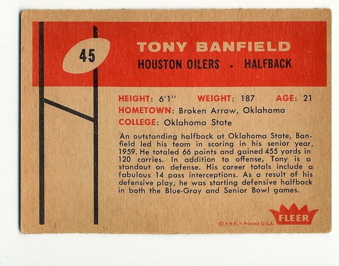 1960 FLEER HOUSTON OILERS TONY BANFIELD #45 ROOKIE CARD | eBay