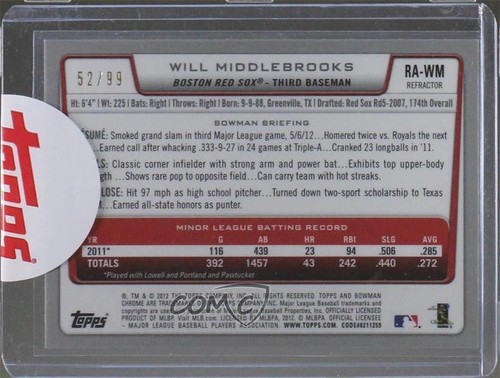 2012 Bowman Chrome Rookie Blue Refractor /99 Will Middlebrooks #RA-WM ...