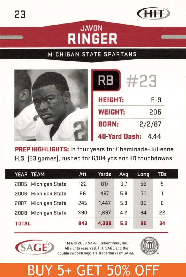 2009 SAGE HIT #23 Javon Ringer Michigan State Spartans Football | eBay