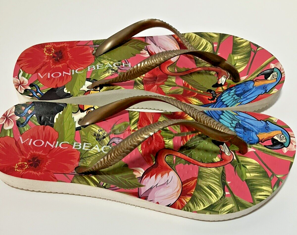 VIONIC BEACH Womens Noosa Flamingo Parrot Pattern Flip Flop Thongs NEW ...