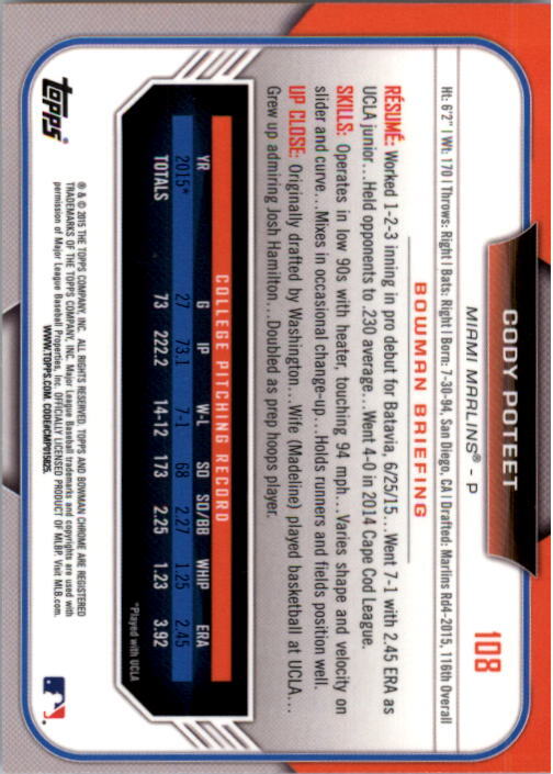 2015 Bowman Chrome Draft Sky Blue Refractors Baseball Card #108 Cody ...