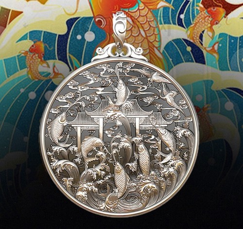 S999 Silver Pendant Carp Fish Jumping Over Dragon Gate Feng Shui Decor ...