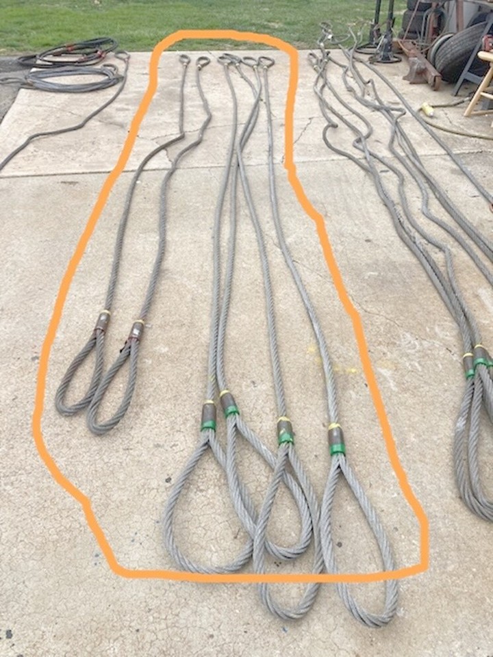 LIFTING SLINGS,,1” DIA. WIRE Rope x 20', LOT of 6. 8.5 ton EA,logging ...