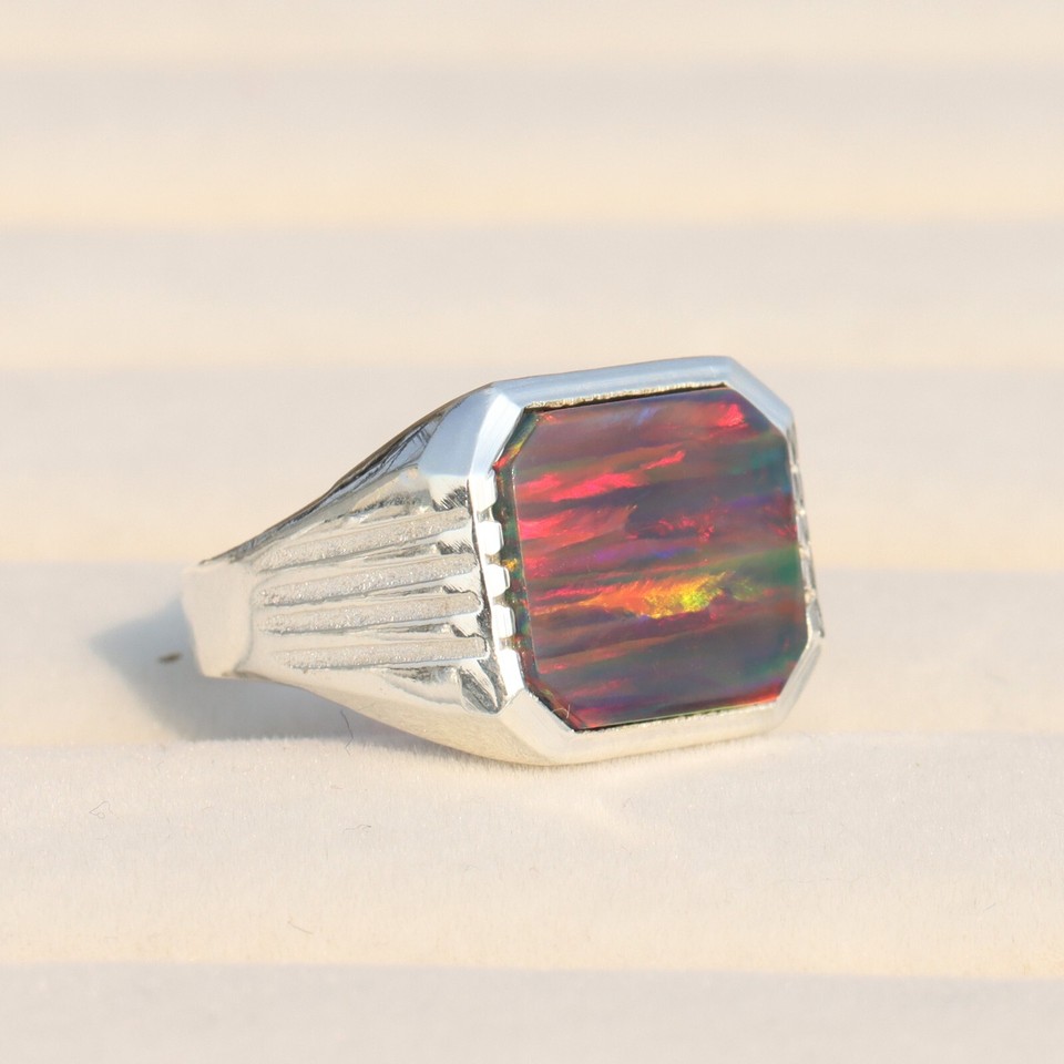 Flashy Black Fire Opal Ring, 925 Sterling Silver Signet Ring, Men's ...