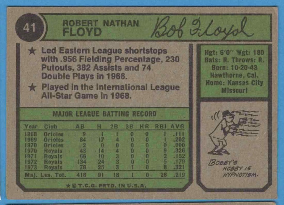 1974 Topps Bobby Floyd #41 Kansas City Royals | eBay