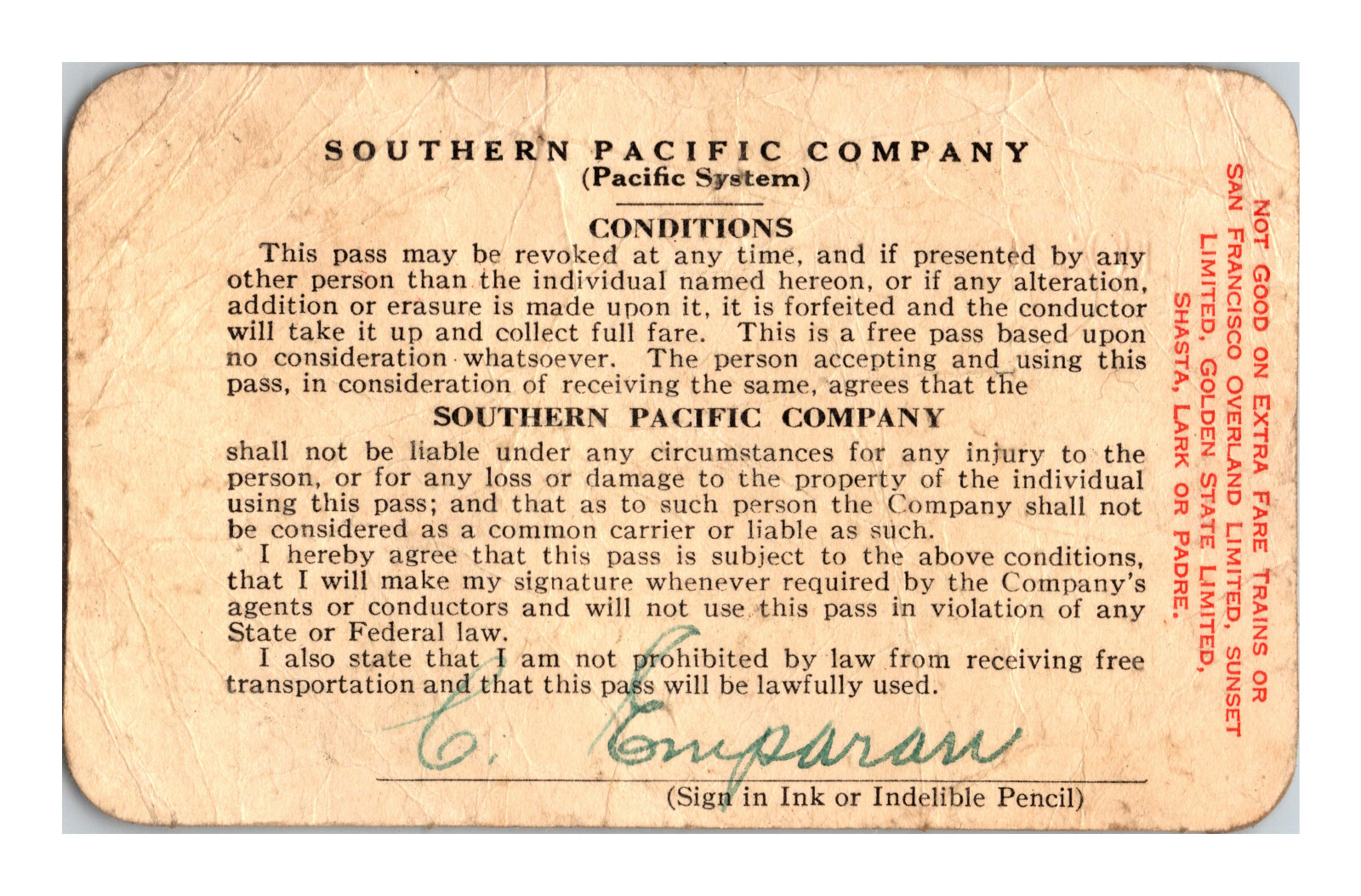 a2 1920's Southern Pacific Co Pass Conductor Wife for Merit 510a | eBay