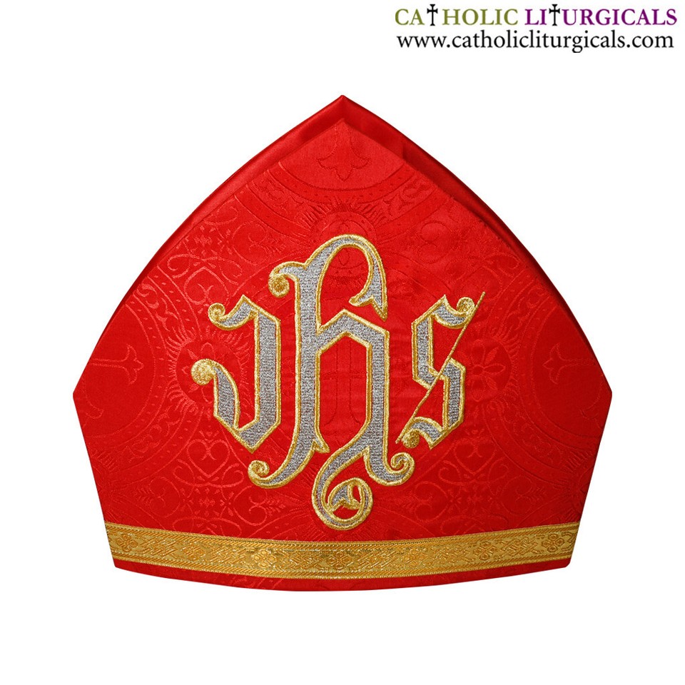 New Red Mitre with IHS embroidery,mitra,Bishop's Mitre, New | eBay