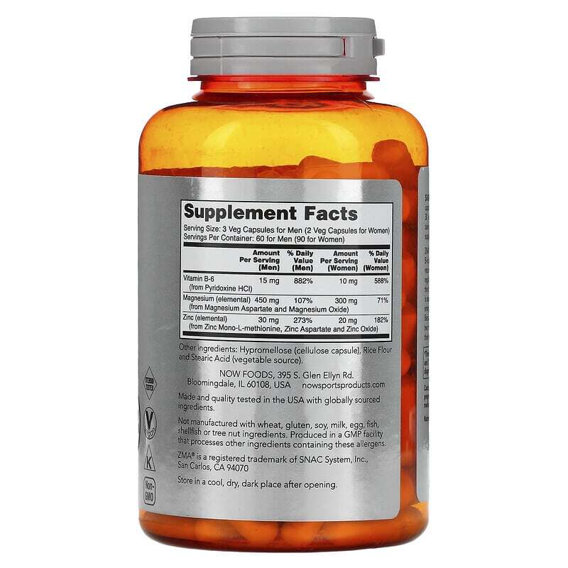 NOW Sports ZMA 800mg Zinc Magnesium Vitamin B6 180 caps Kosher ...