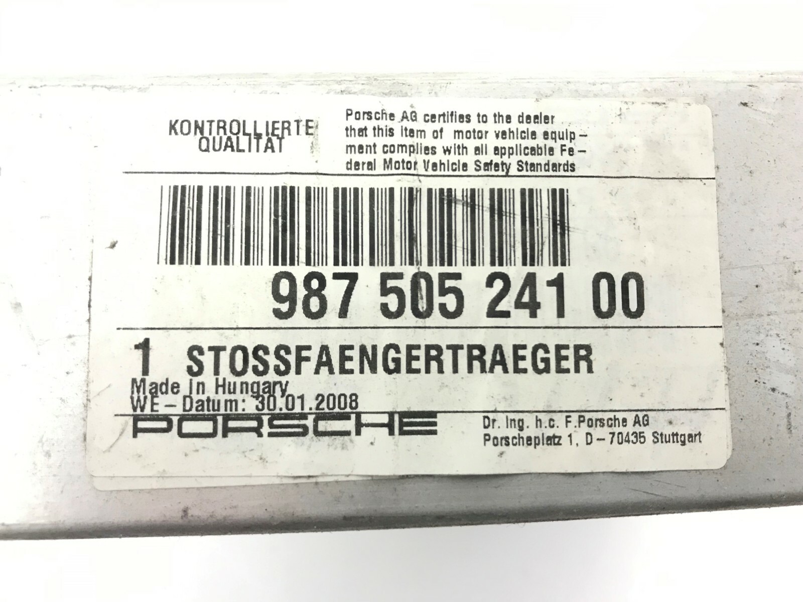 Porsche 987 Boxster Cayman Rear Bumper Support Bar Rail 98750524100 ...