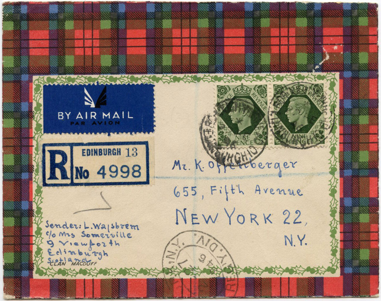 SCOTLAND 1946 REGISTERED AIRMAIL to USA FANCY ENV TARTAN STYLE 2 x 9d ...