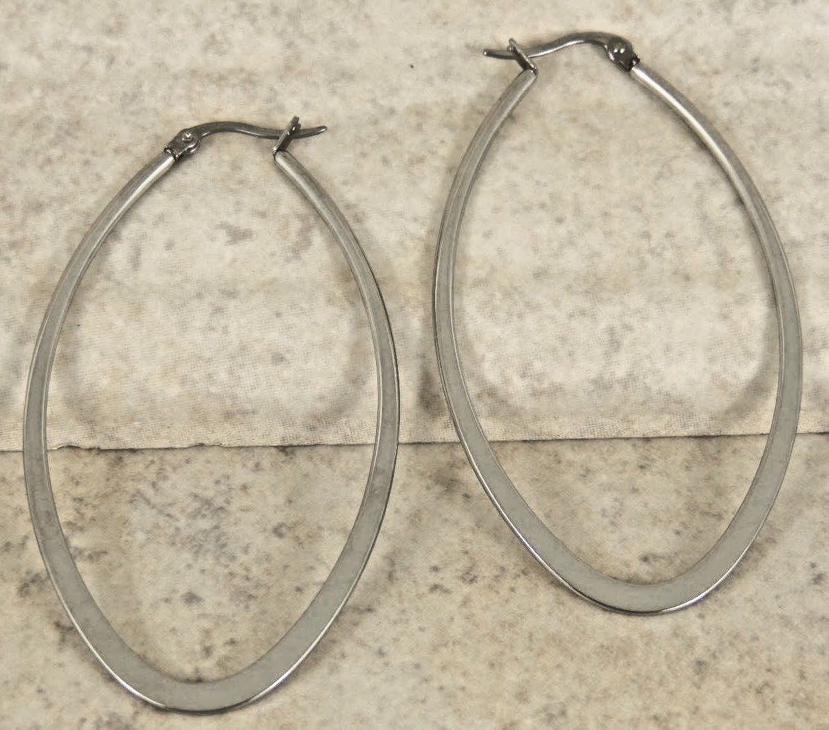 Silver Oval Hoop Earrings Stainless Steel Polished Snap Hinge Closure ...