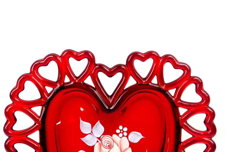 Westmoreland Glass B Weiss Signed Ruby Red Rose Pierced Rim 8" Trinket ...