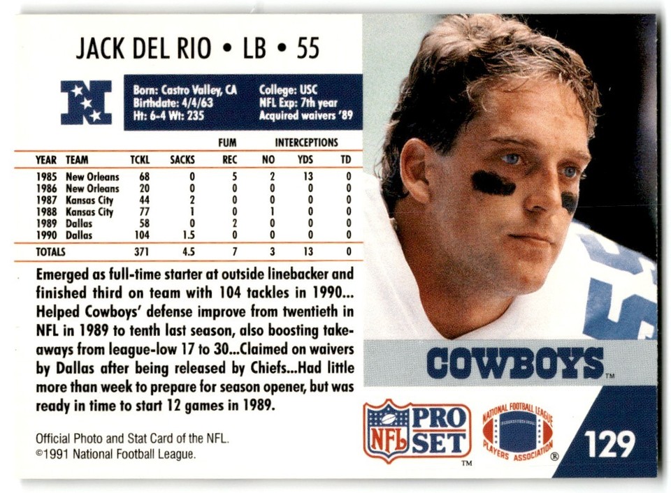 1991 Pro Set Jack Del Rio Dallas Cowboys #47 | eBay UK