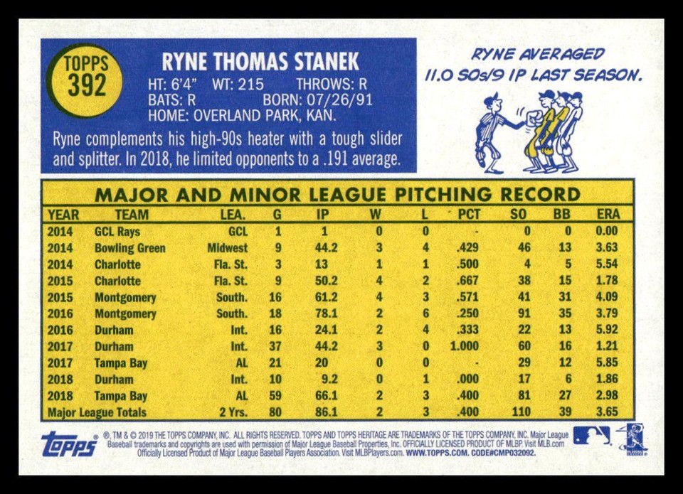 2019 Topps Heritage #392 Ryne Stanek Tampa Bay Rays | eBay