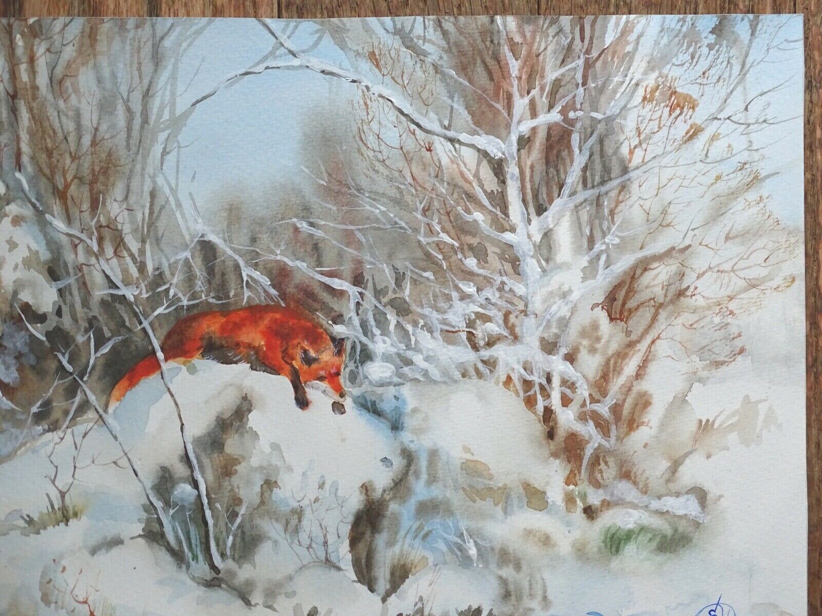 WATERCOLOR PAINTING AQUARELLE HAND PAINTED WINTER HUNTING FOX SNOW | eBay