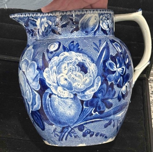 Staffordshire Dark Blue Pitcher or Jug, Bird, Fruit + Flowers Transfer ...
