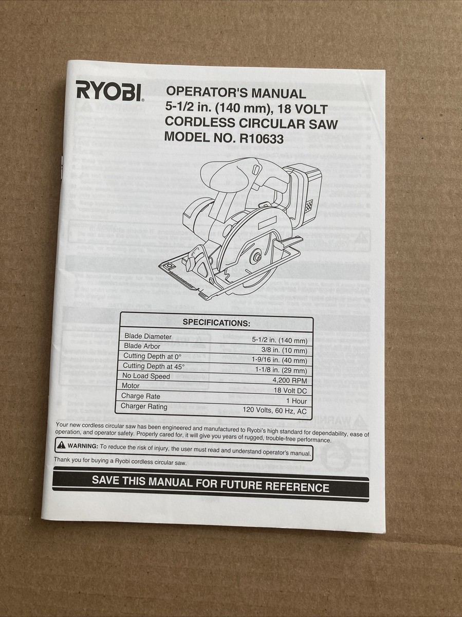 Ryobi Operators Manual 18 Volt Cordless 5 1 2 Circular Saw Model No. R10633 eBay