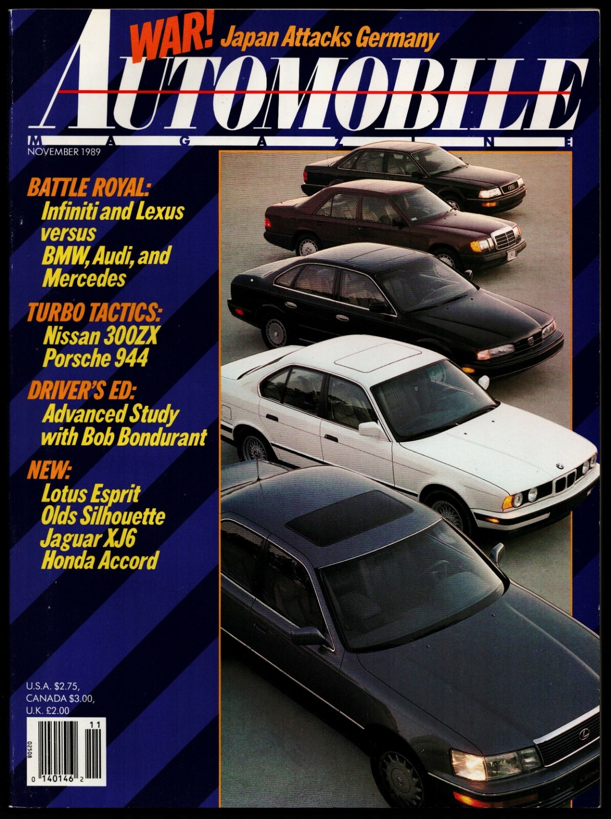 NOVEMBER 1989 AUTOMOBILE MAGAZINE, LEXUS LS400, BMW 535i, AUDI V8 ...