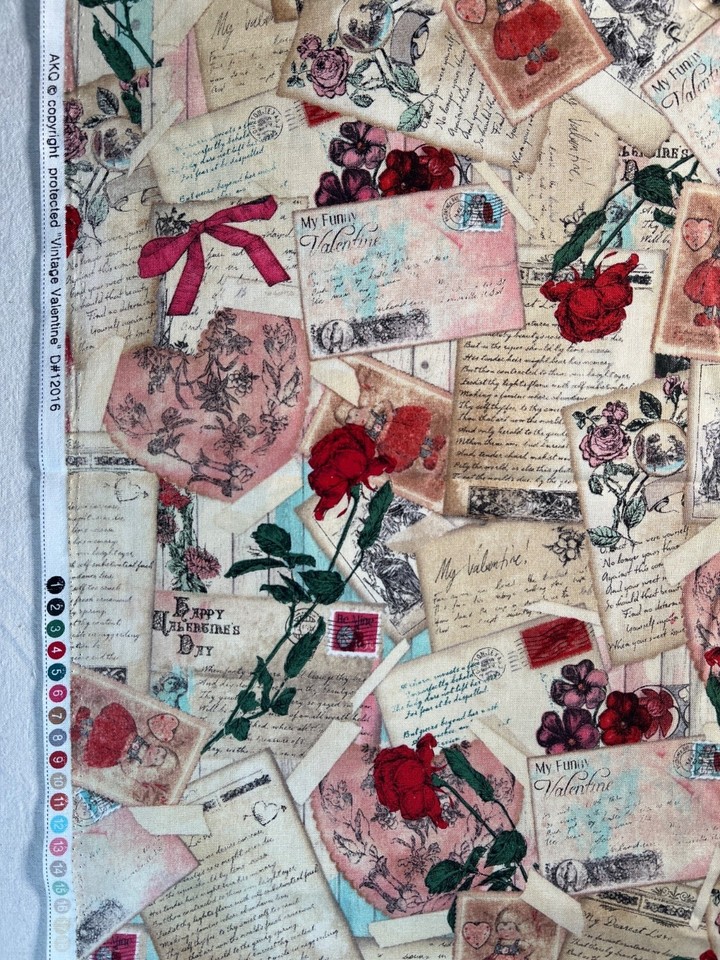 Fabric -OOP Vintage Valentine Collage Love Letters Postcard Red Roses ...