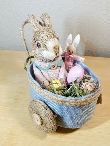 Cute Easter Straw Bunny Sitting In A Baby Carriage With Eggs Vintage | eBay