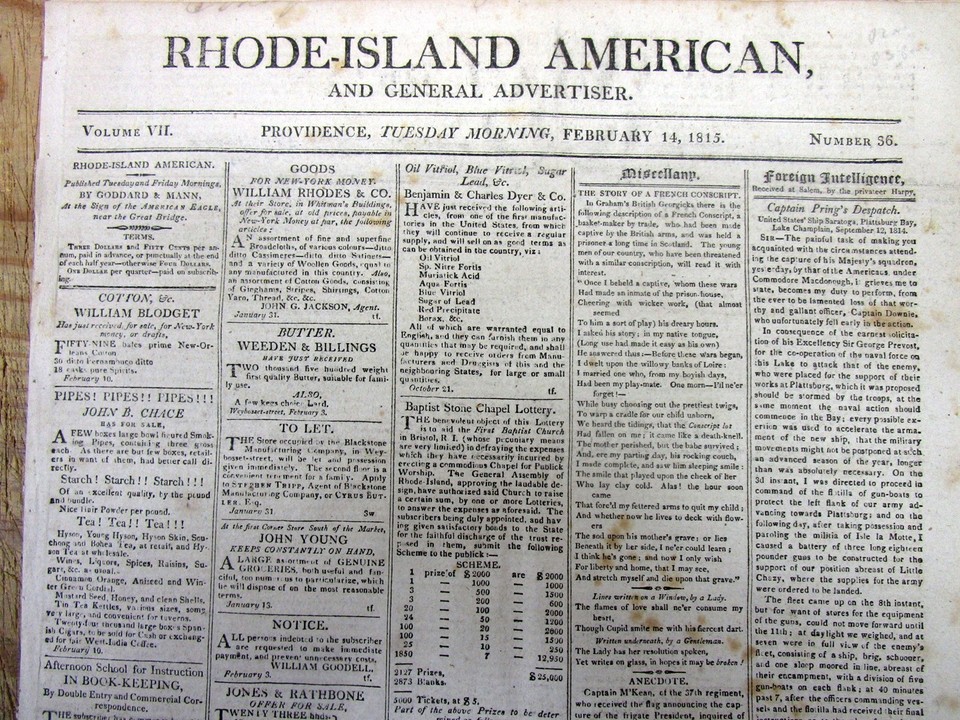 1815 headline display newspaper WAR OF 1812 ENDS w PEACE TREATY ...