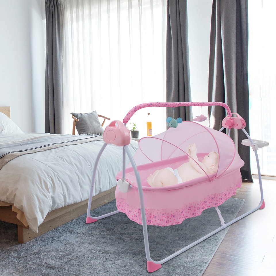 Pink Electric Baby Rocker Swing Rocking Crib Cot Bed Infant Cradle w ...