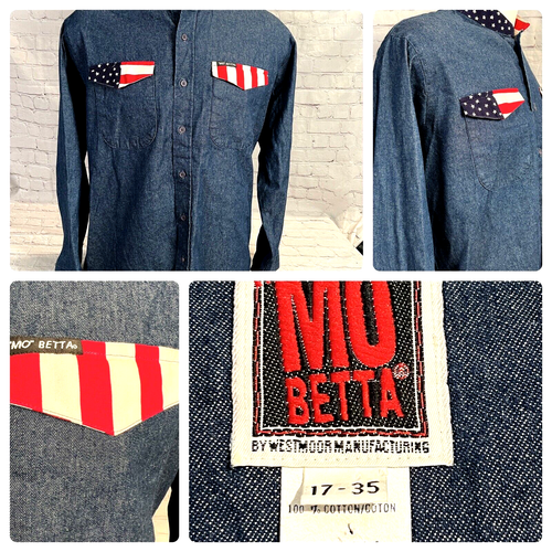 Vintage Mo Betta Denim Stars & Stripes Western Shirt 17-35 USA Garth ...