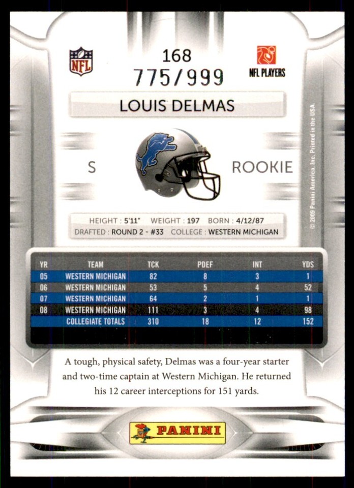 2009 Panini Prestige Light Blue Louis Delmas Rookie /999 Detroit Lions ...