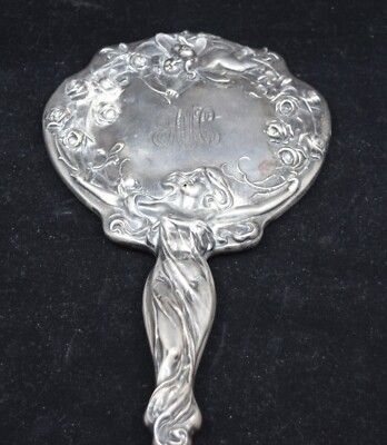 Sterling Silver Repousse Hand Held Mirror high Relief 3D Woman Cherubs ...