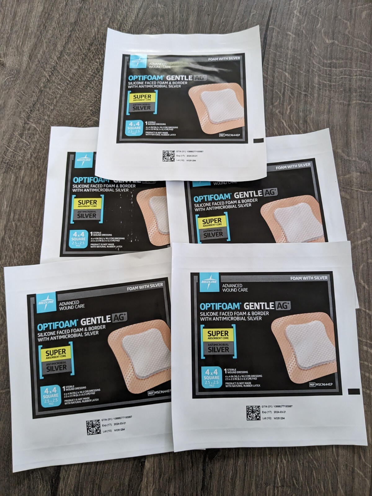 5 Optifoam Gentle AG 4x 4 Silicone Faced Foam Border Silver Dressing ...