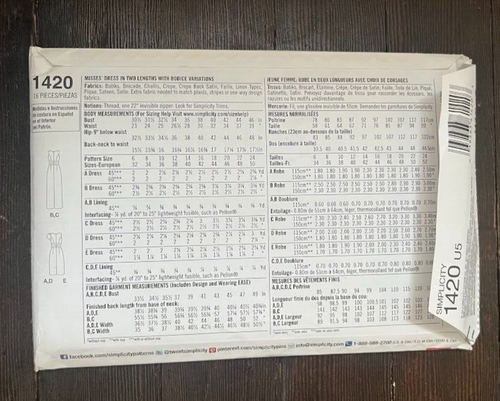 Simplicity 1420 Misses Dress Two Lengths Bodice Variations Sz 16-24 FF ...