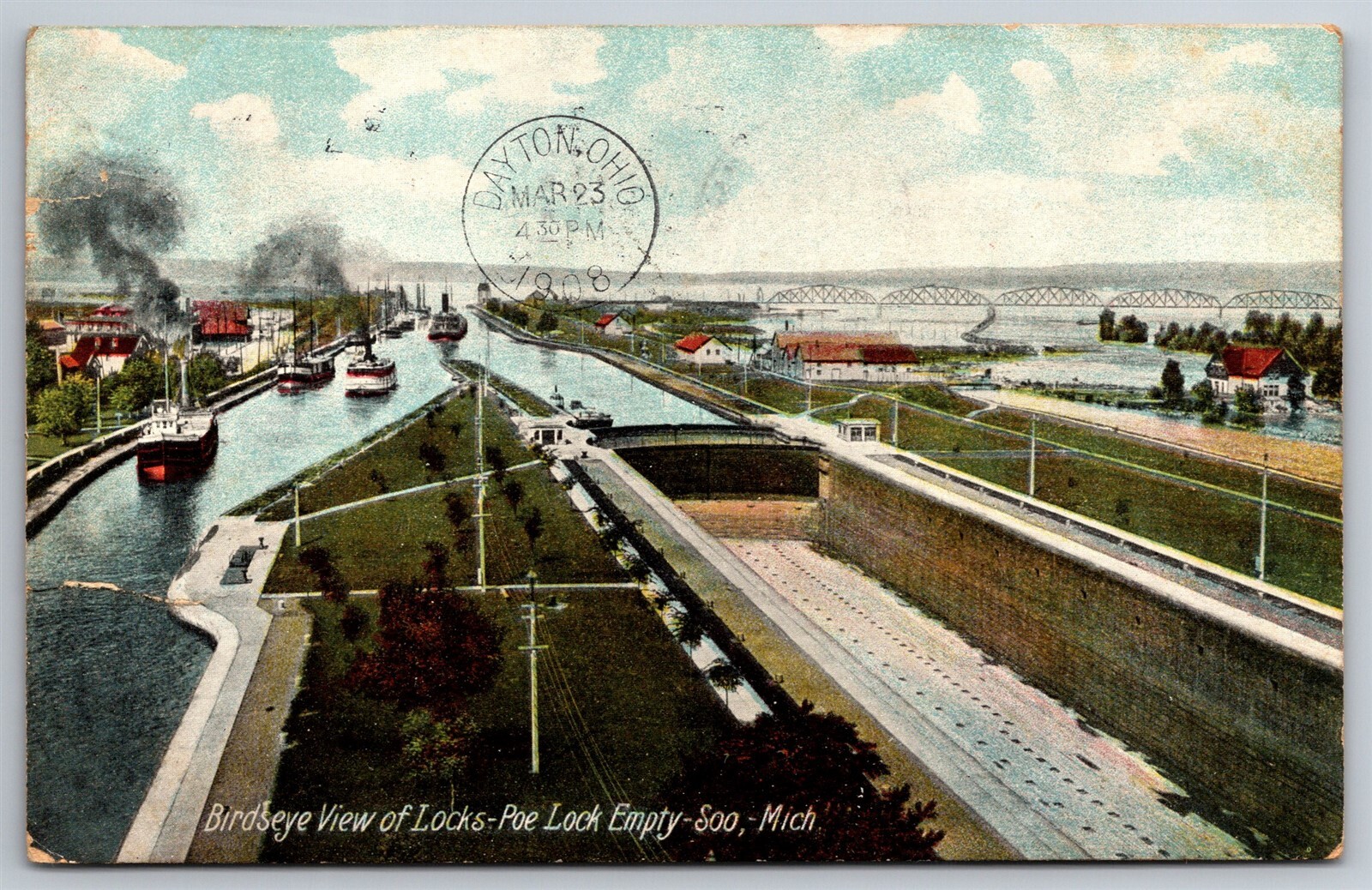 Birdseye View Of Soo Locks Poe Lock Empty MI C1908 Postcard U16 | eBay